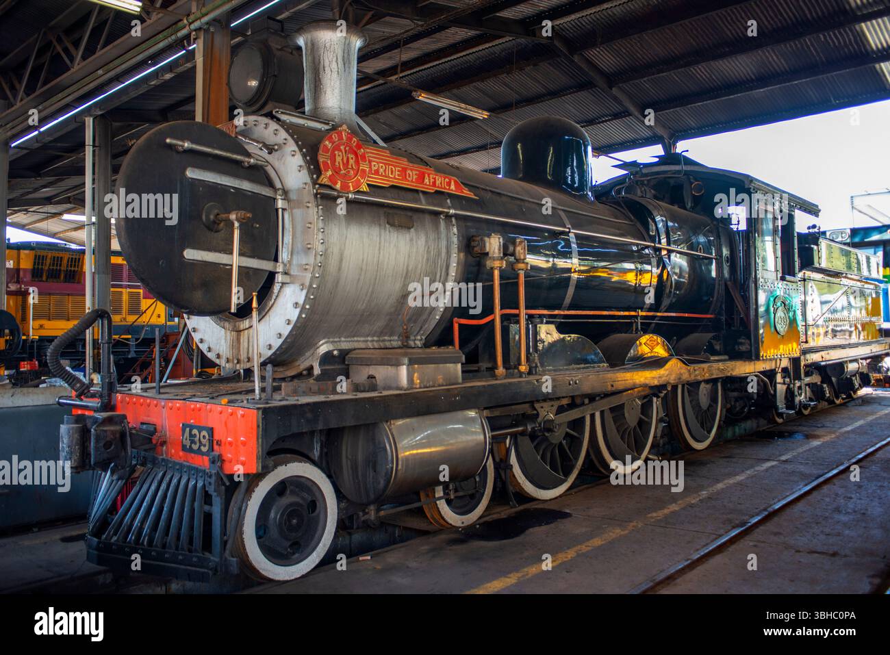 Steam locomotive in the warehouse of Rovos Rail Station in Capital Park ...