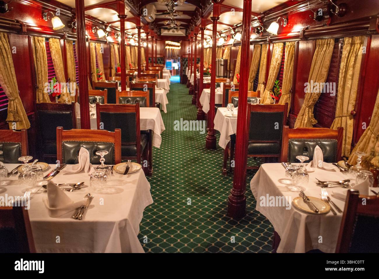 Galleried wood panelled Edwardian vintage dining coach on the Rovos ...