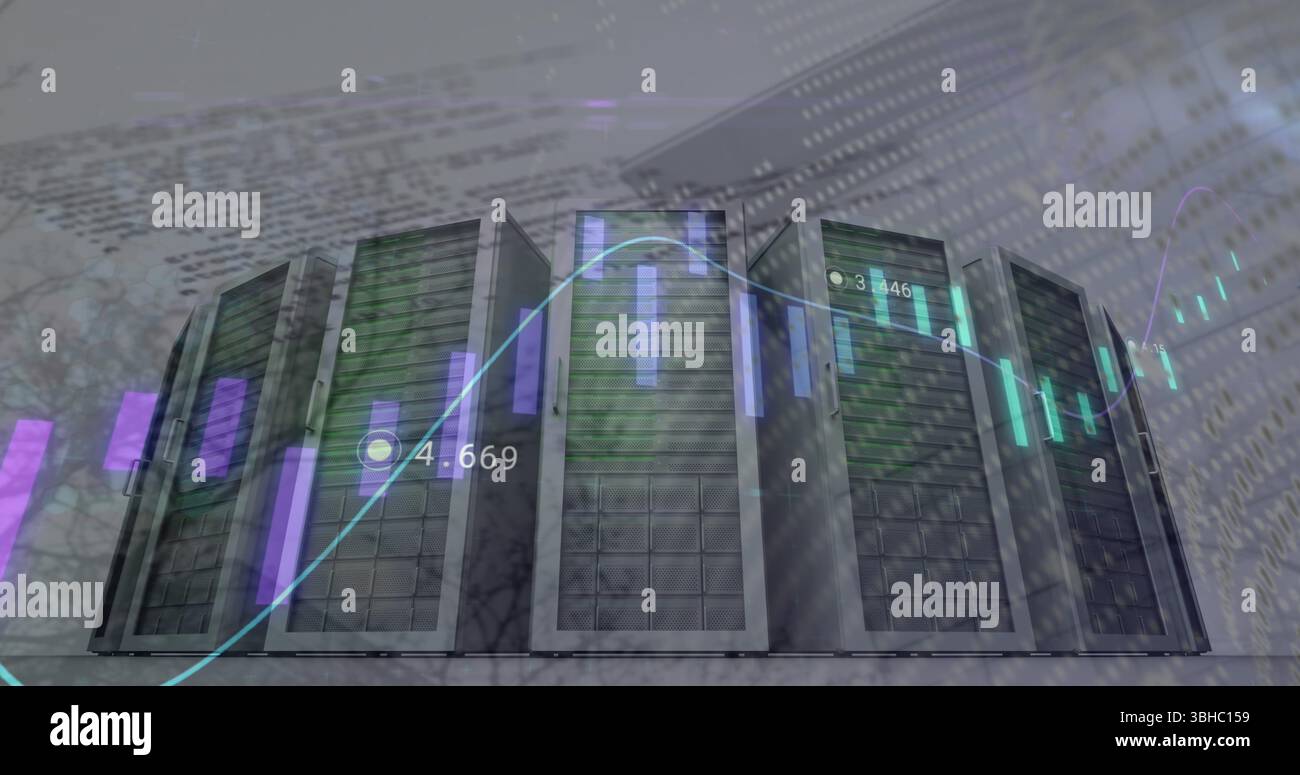 Displaying six black server cabinets at data center, with LED strips ...