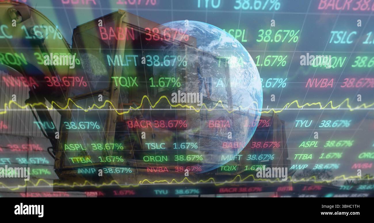 Overlaying Earth globe with ticker symbols, yellow line graph ...