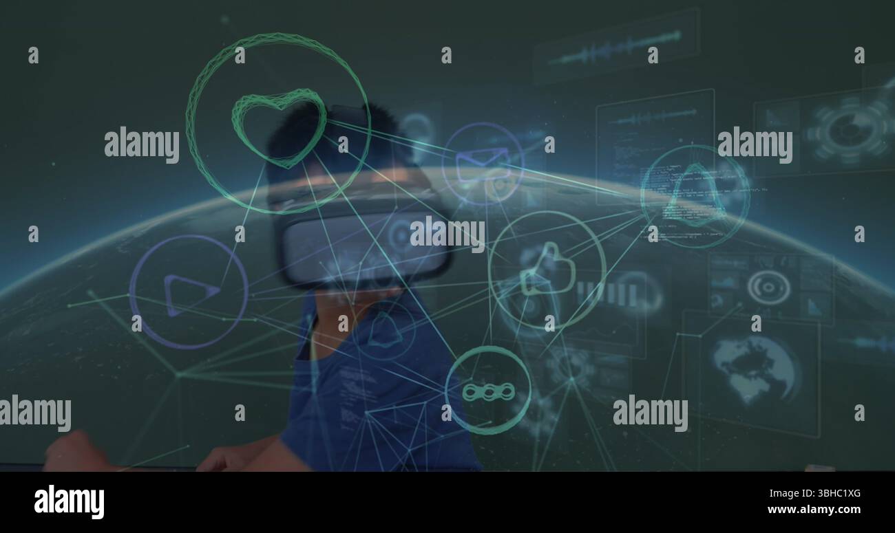 Image of connected icons, codes, globe over caucasian boy playing while ...