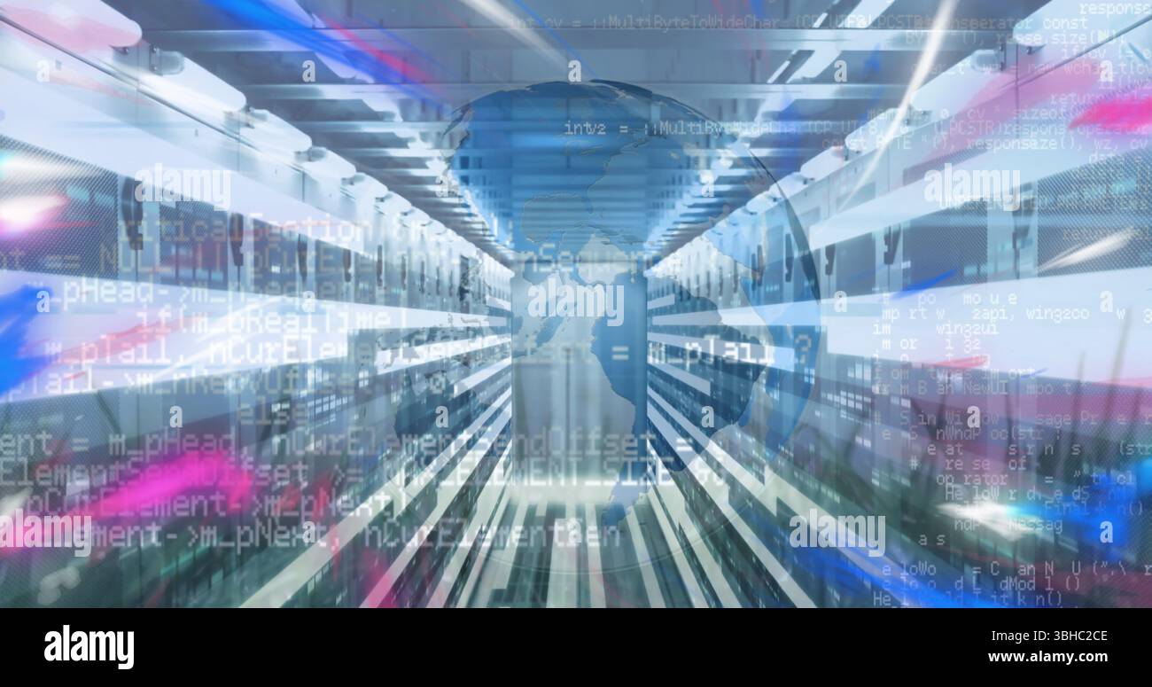 Showing data center corridor under LED lights, blinking server racks, code overlays and world ...
