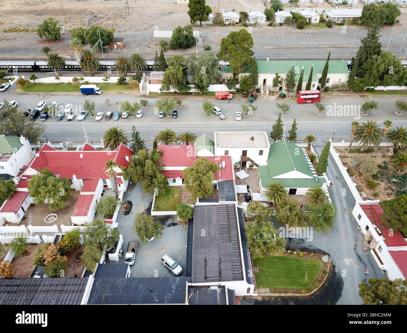 Aerial view of Matjiesfontein station and the Rovos Rail luxury train ...