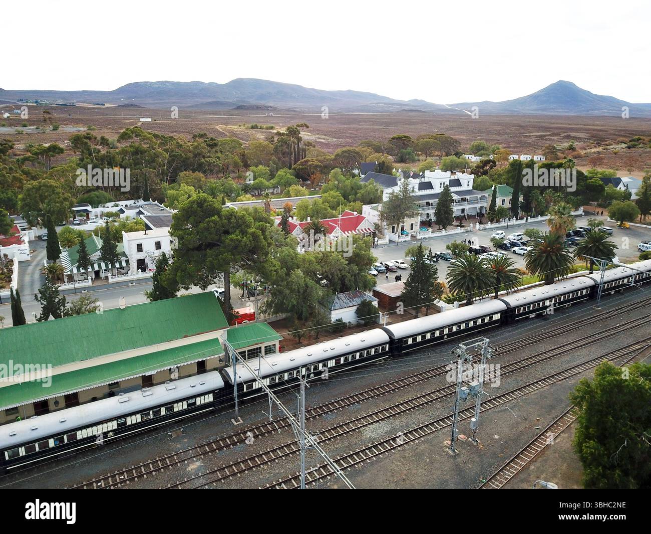 Aerial view of Matjiesfontein station and the Rovos Rail luxury train ...