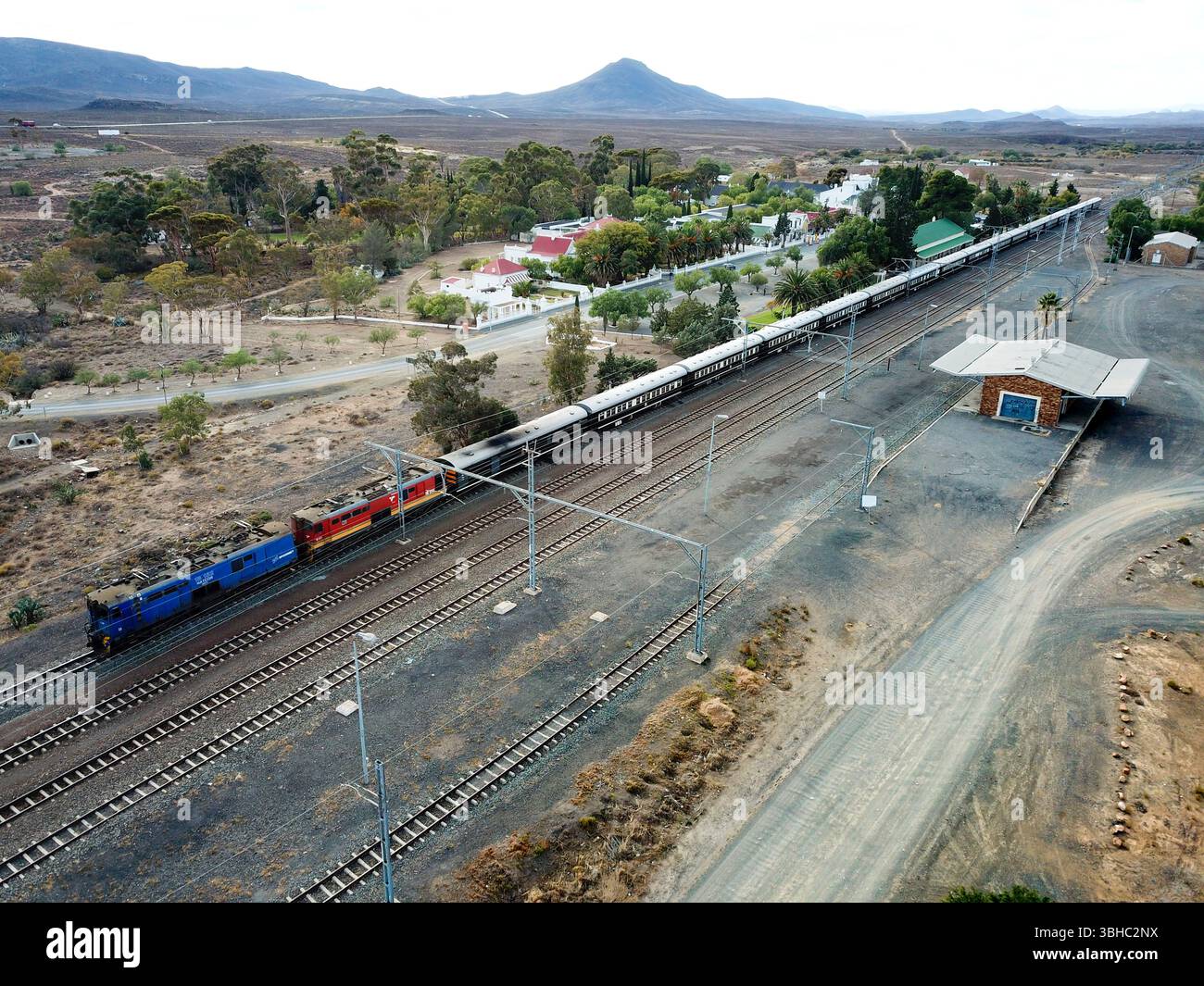 Aerial view of Matjiesfontein station and the Rovos Rail luxury train ...