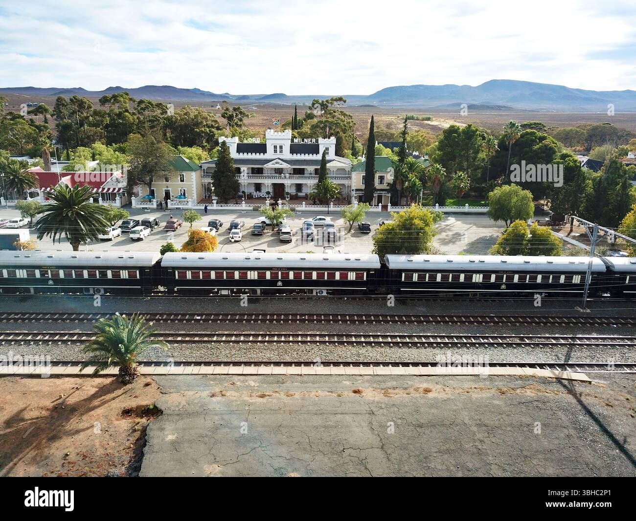 Aerial view of Matjiesfontein station and the Rovos Rail luxury train ...