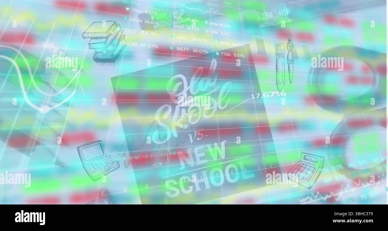 Image of infographic interface over old skool vs new school text with ...
