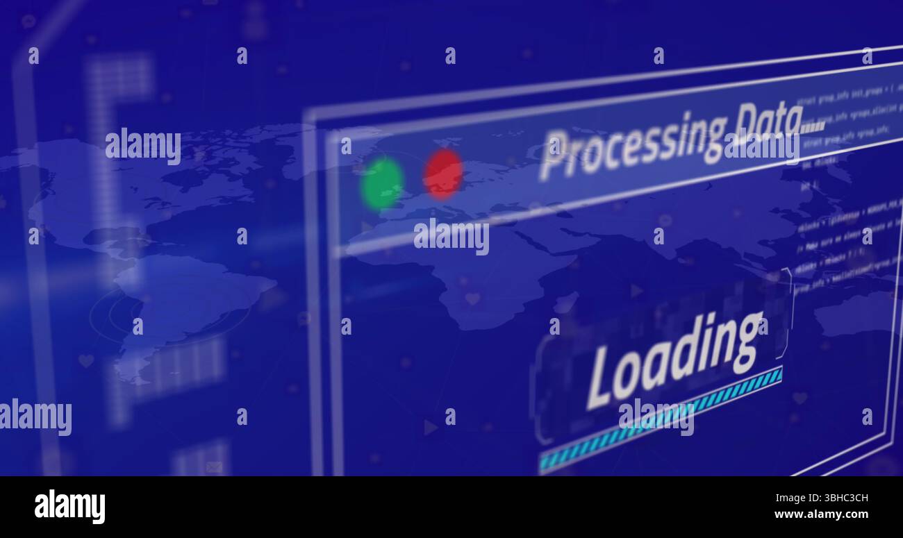 Image of data loading and processing text over screen and world map ...