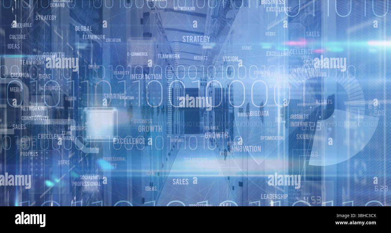 Blending digital cityscape with floating binary code in city skyline, with strategy growth ...