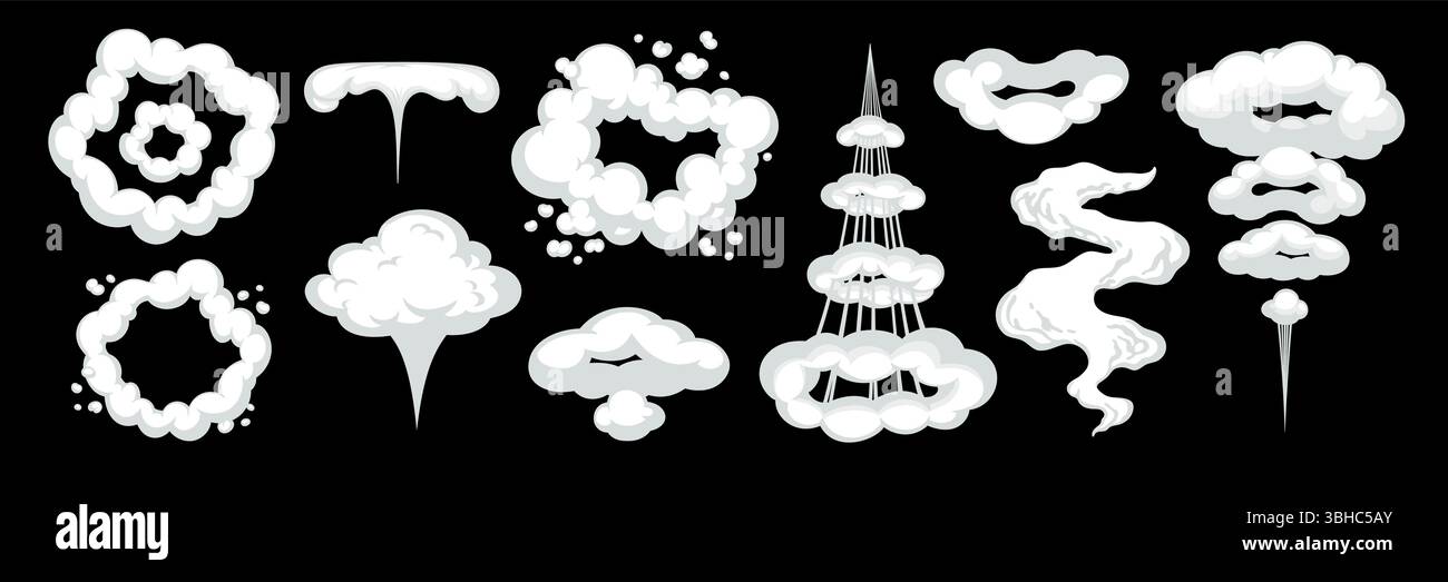 Cartoon smoke or cloud on black background. Vector Smoke rings and ...