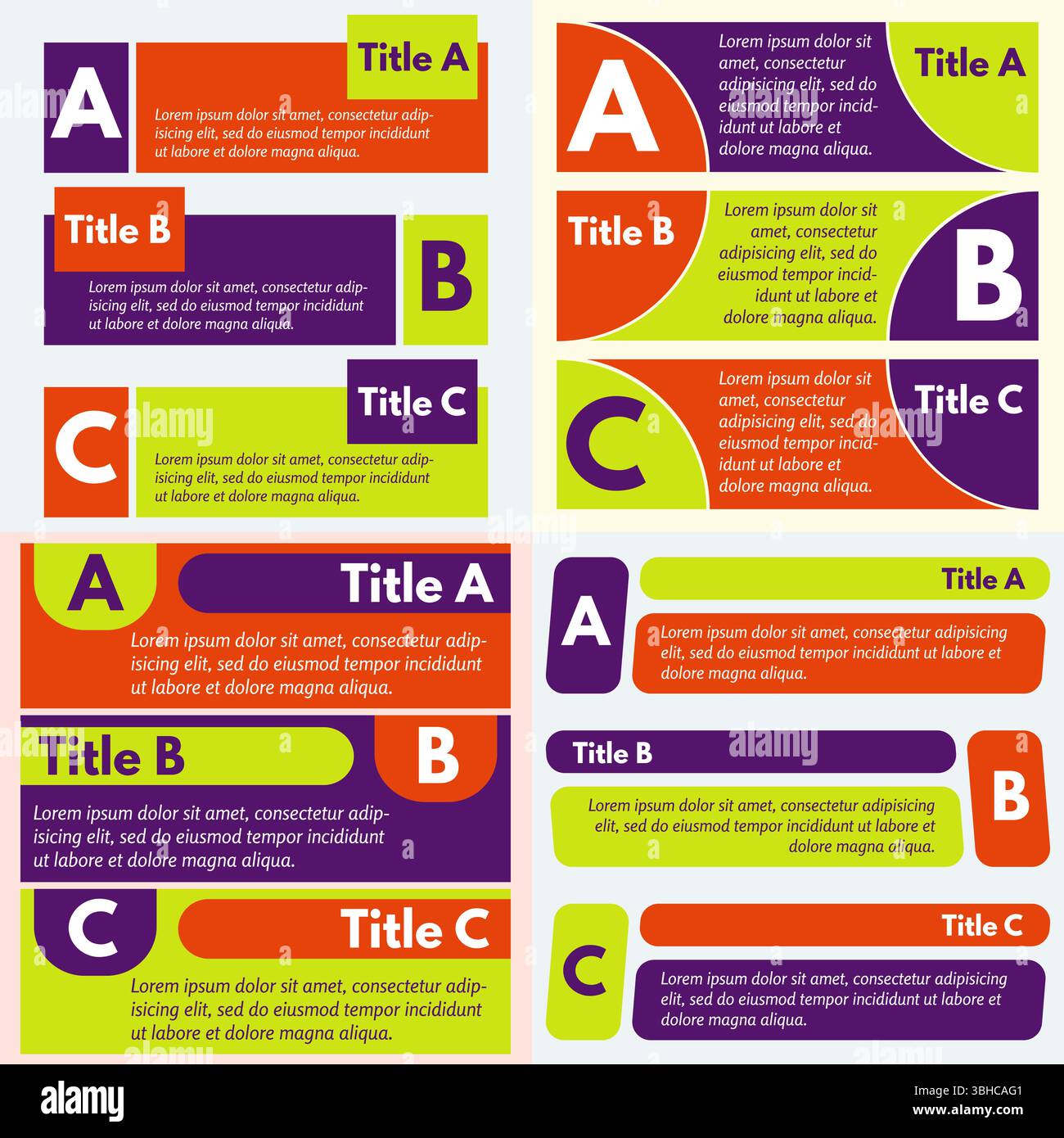 Four sets of three elements of infographic design. Step by step ...
