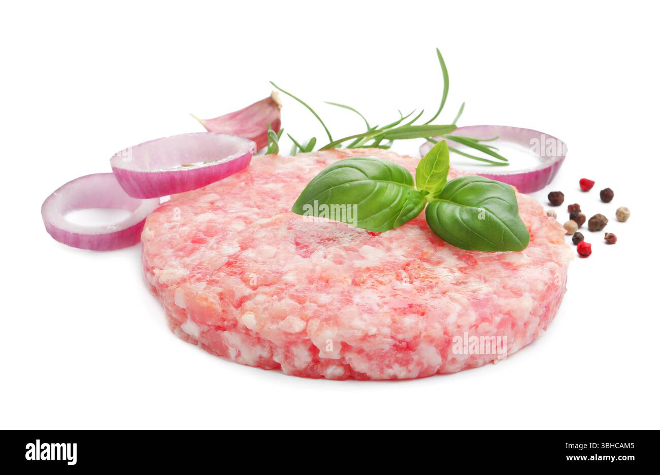 Fresh raw patty for burger and spices isolated on white Stock Photo - Alamy