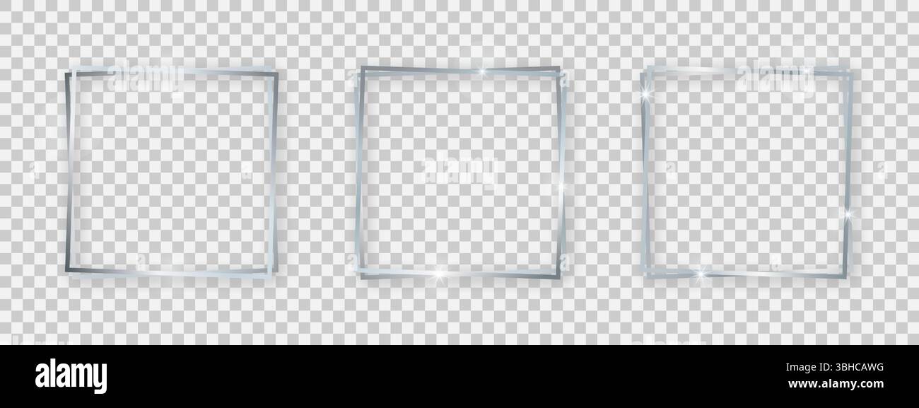 Double square shiny frames with glowing effects. Set of three silver ...