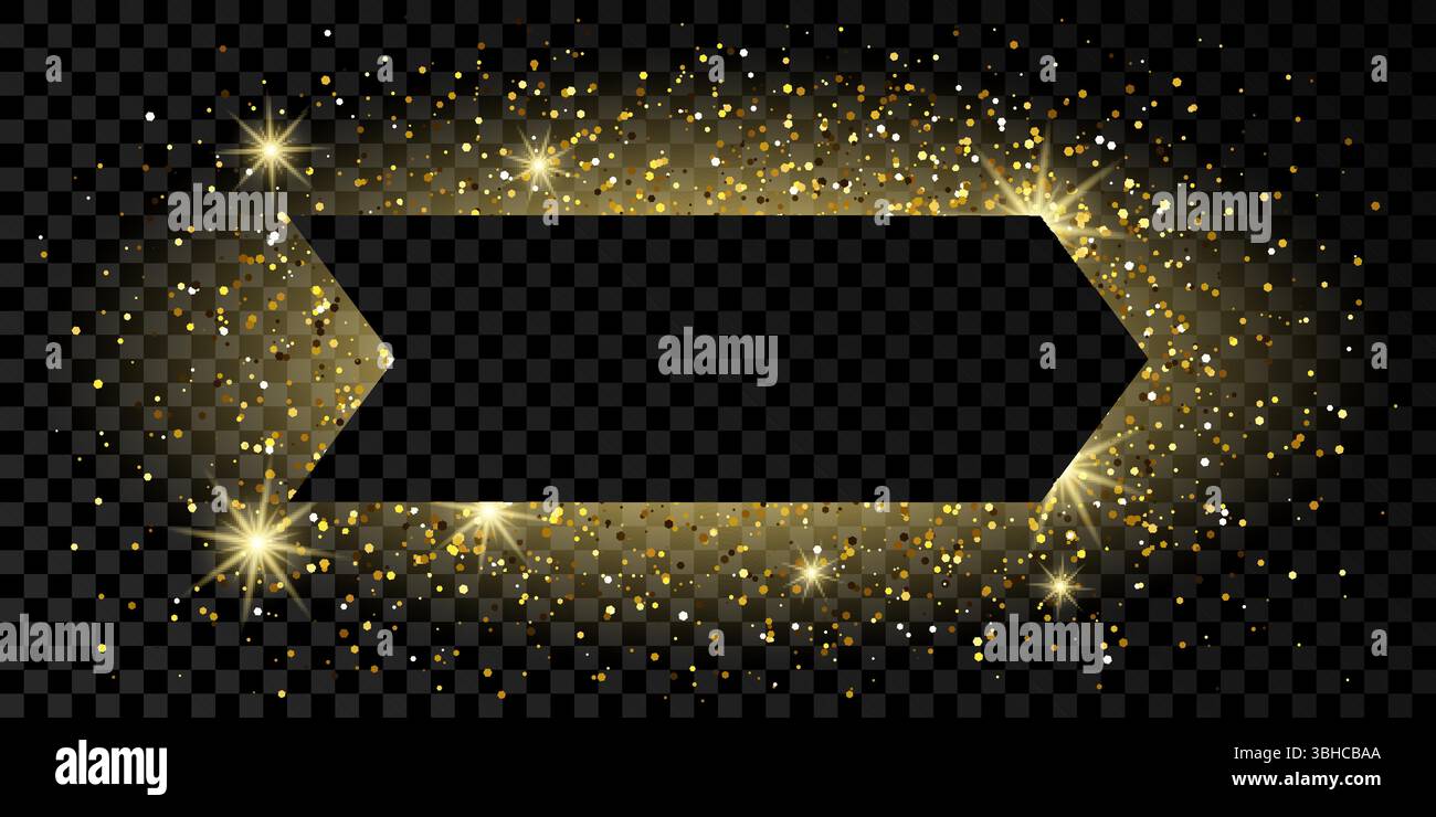 Golden arrow frame with glitter, sparkles and flares on dark transparent background. Empty ...