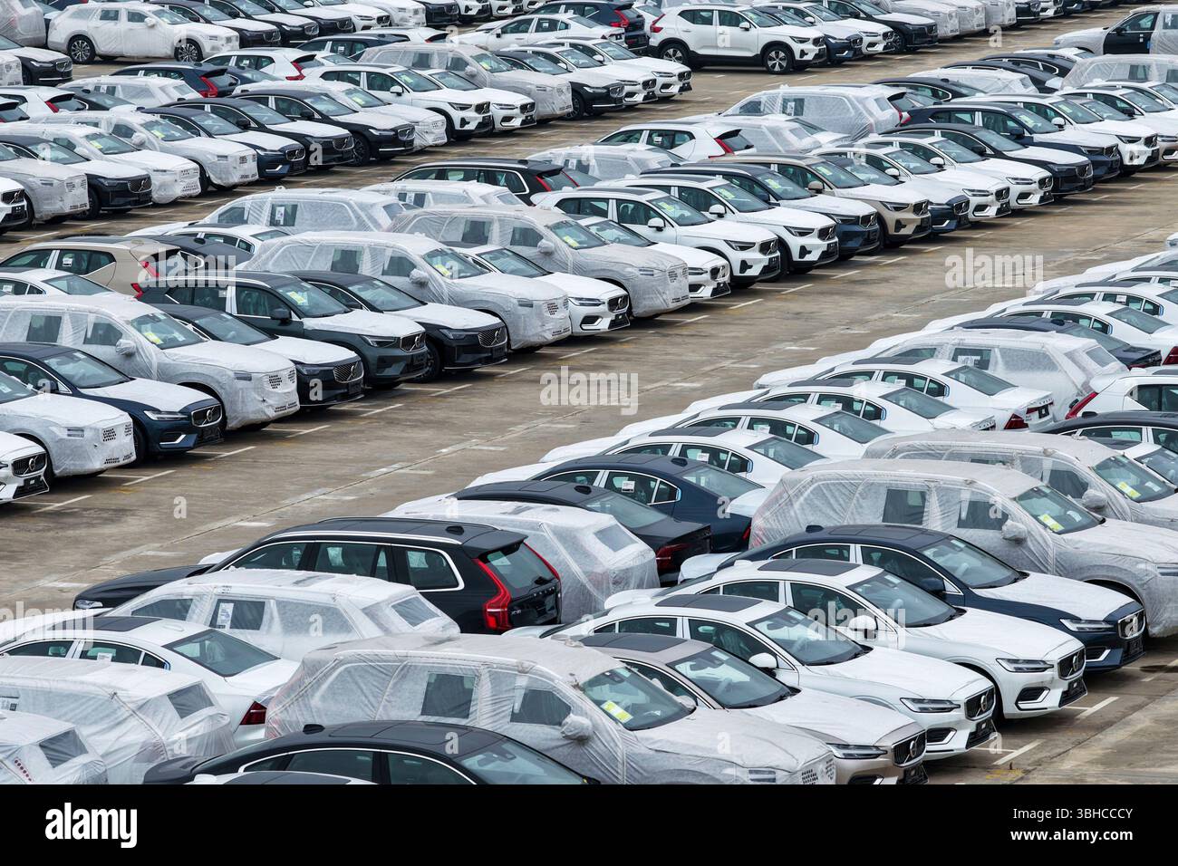 Aerial view of new cars waiting for shipment in a port in Nanjing in ...