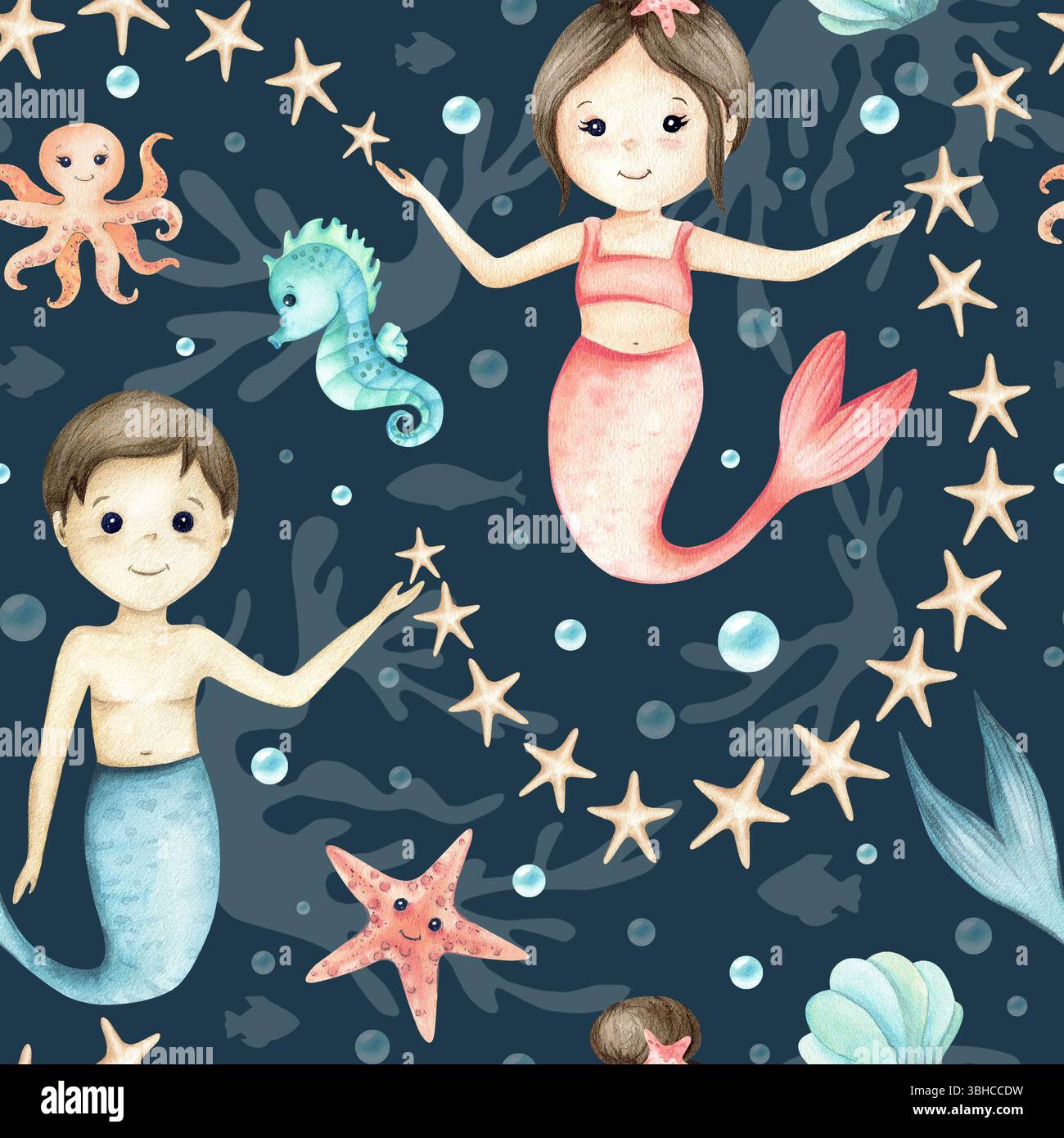 Mermaids girl, boy, seahorse, starfish, octopus characters seamless ...