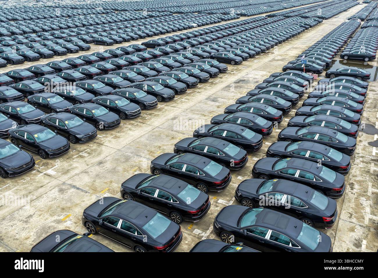 Aerial view of new cars waiting for shipment in a port in Nanjing in ...