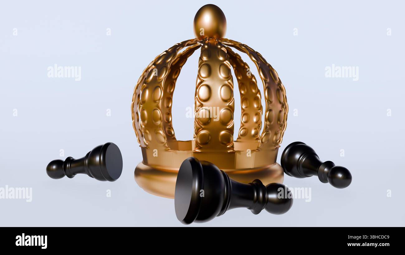 A 3d rendering of black chess pawn and an intricately detailed gold ...