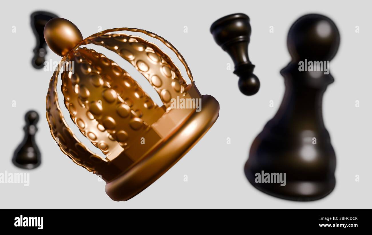 A 3d rendering of black chess pawn and an intricately detailed gold ...