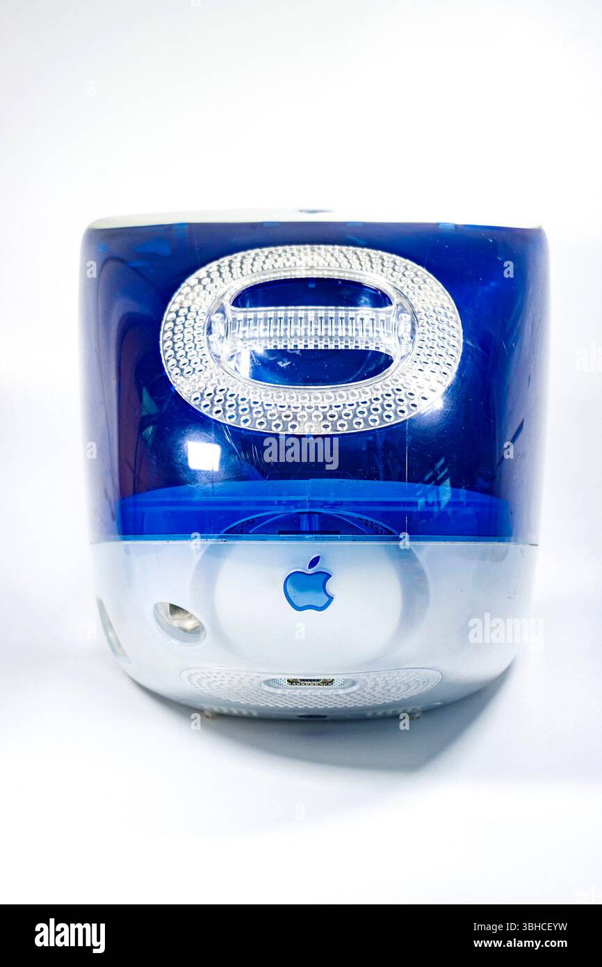 Vintage Apple iMac G3 computer in blue and white with logo visible ...