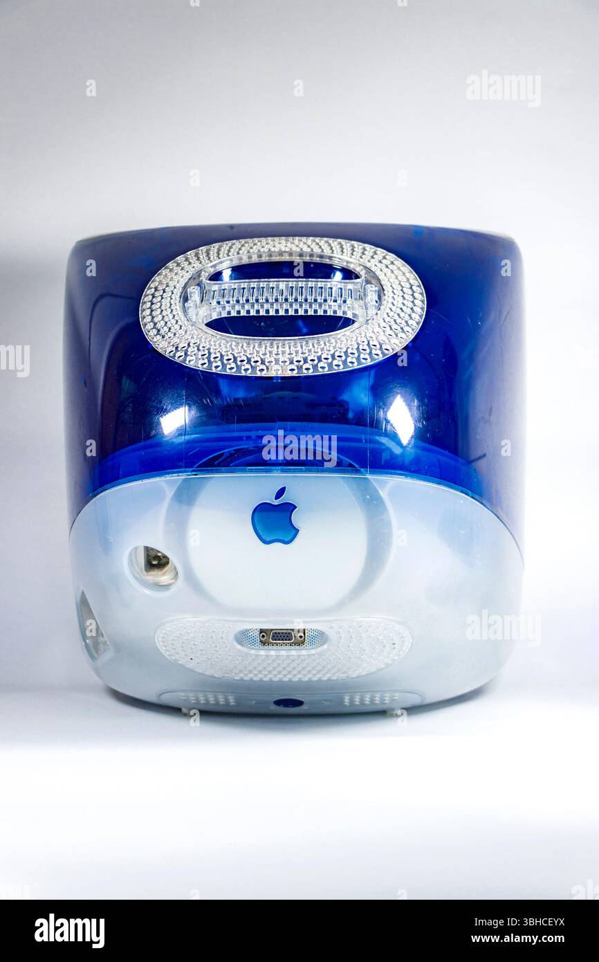 Vintage Apple iMac G3 computer in blue and white with logo visible ...