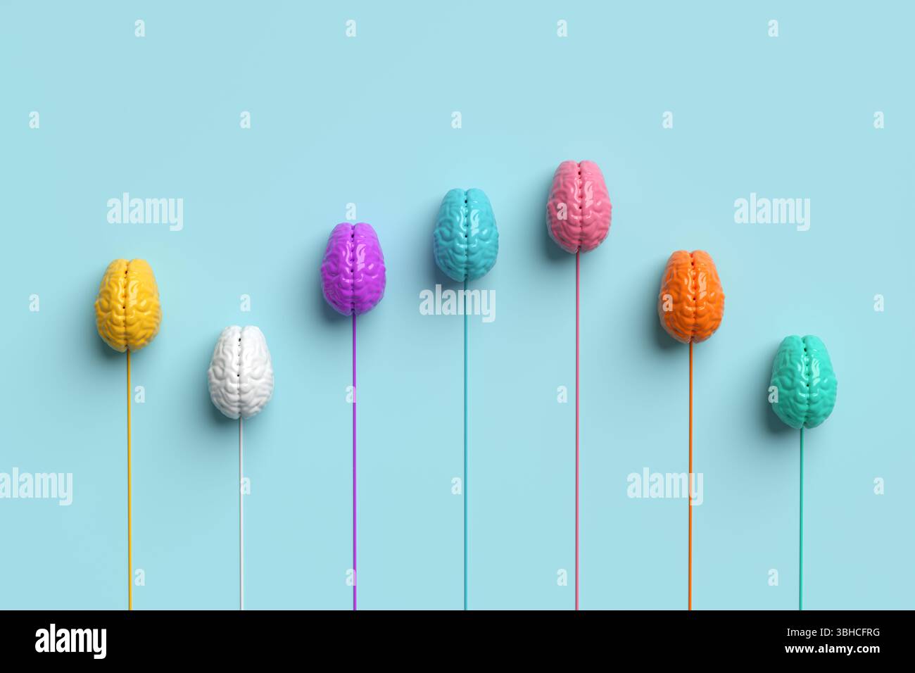 Seven colorful brains racing on a light blue background. Diversity of ...