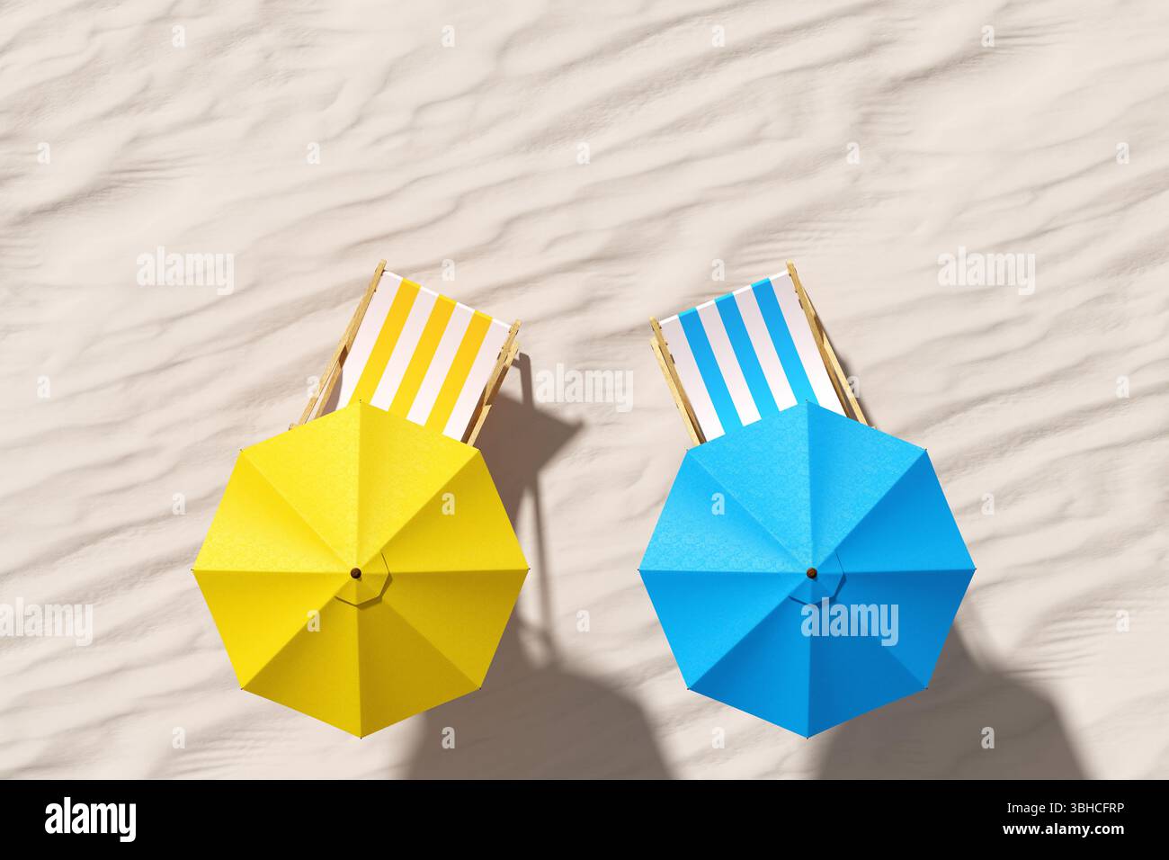 Beach chairs and colorful parasols casting intricate shadows on soft ...