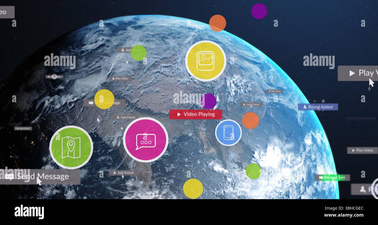 Showing Earth globe rotating in outer space, with floating UI labels and social icons, copy ...