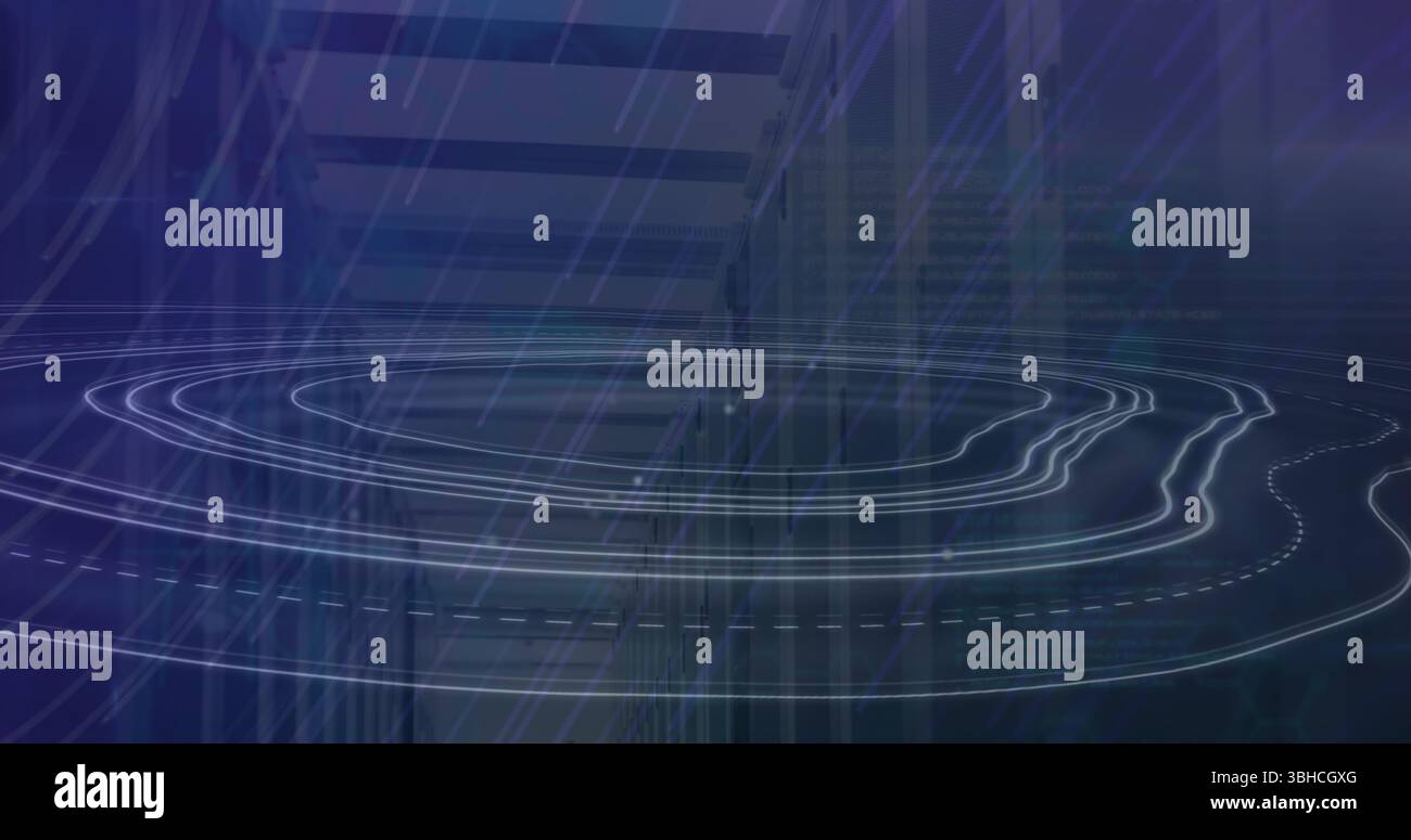 Glowing concentric contour rings pulsing along data center aisle with ...