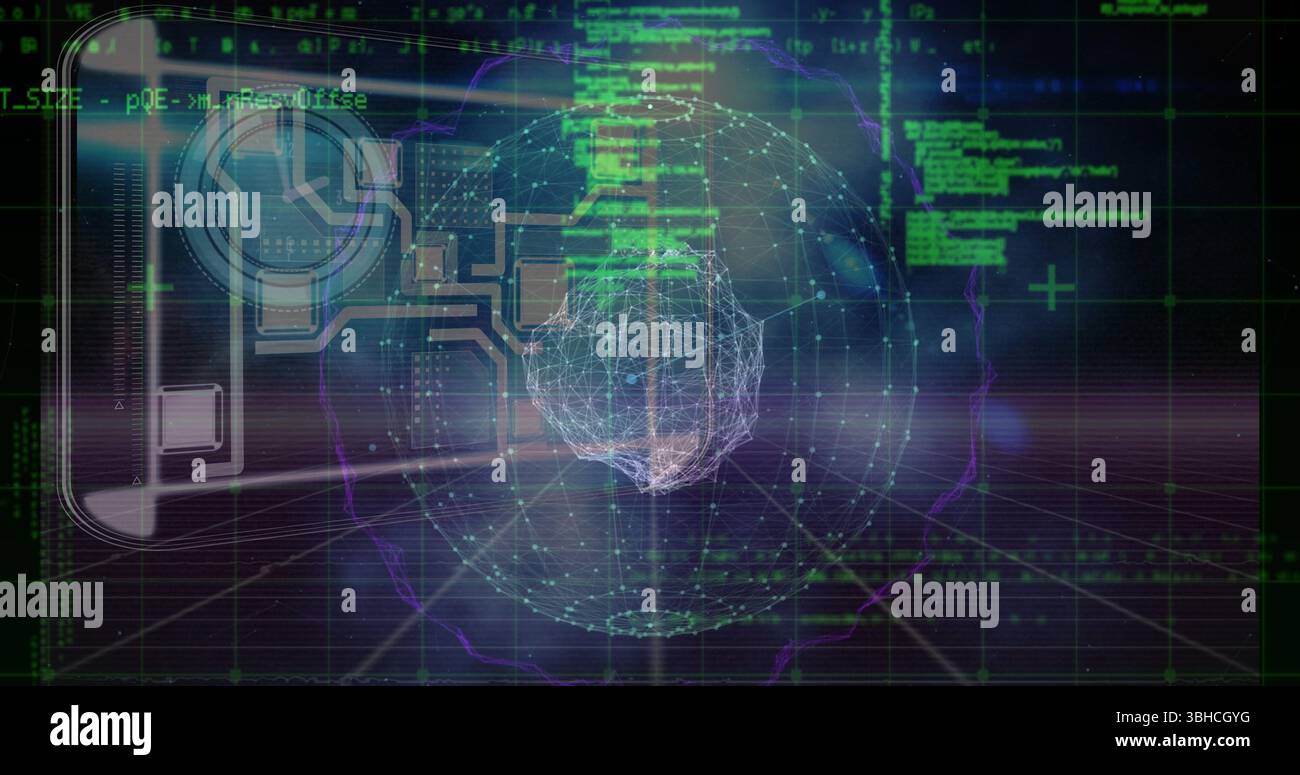 Wireframe sphere rotating in virtual space, with grid plane, floating code text and HUD overlays ...