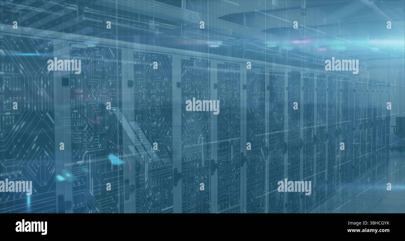 Stretching row of server cabinets glowing with LEDs in data center room ...