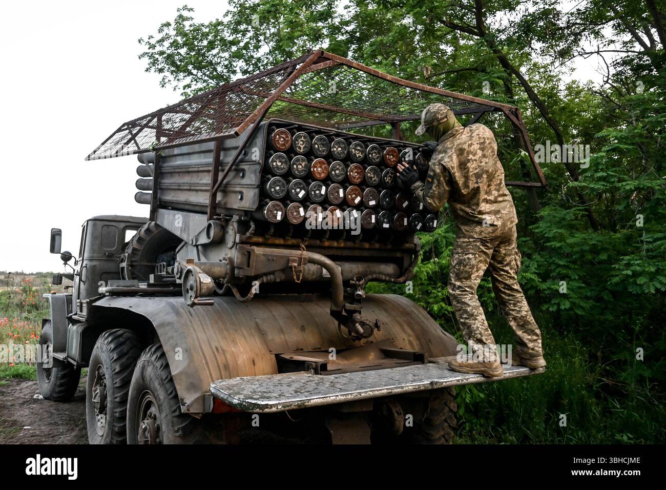 A soldier of the rocket artillery battery of the 31st separate ...