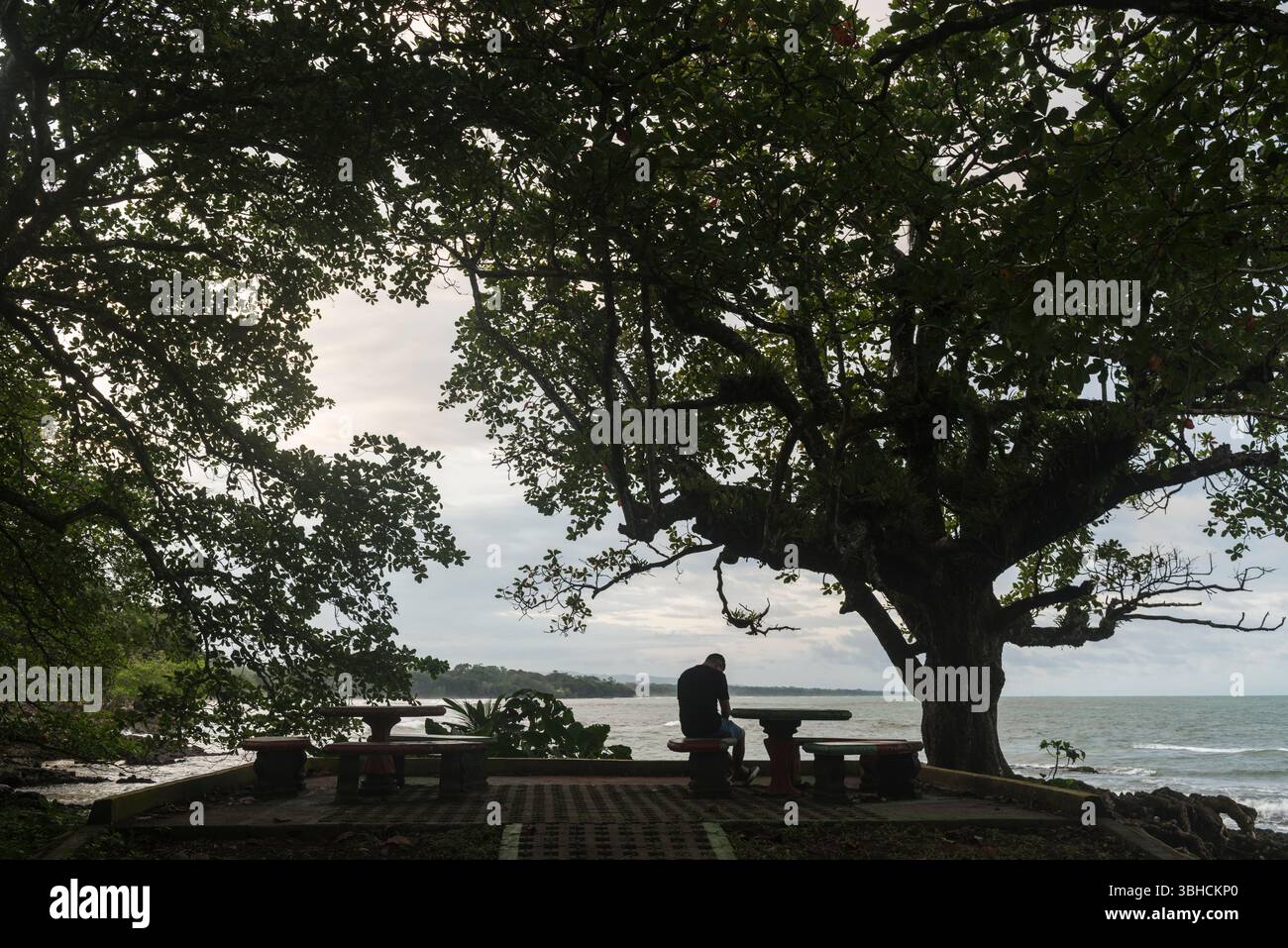Backlight view of a silhouette of a man sitting in a bended position ...