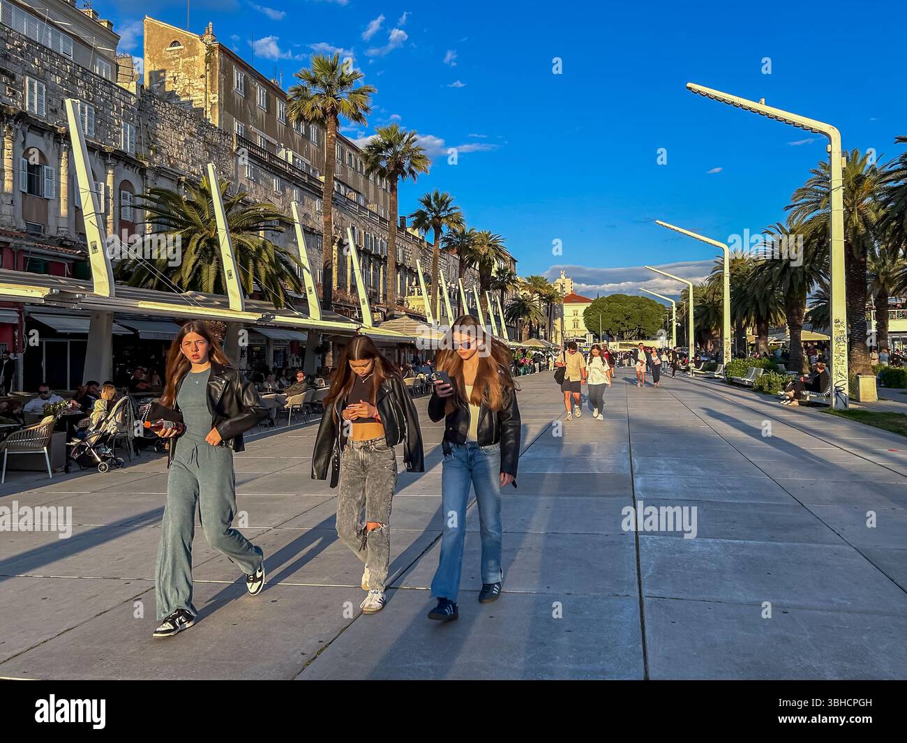 Split, Croatia, Group Croatian Teen Girls, Walking, Cafes on the Riva ...