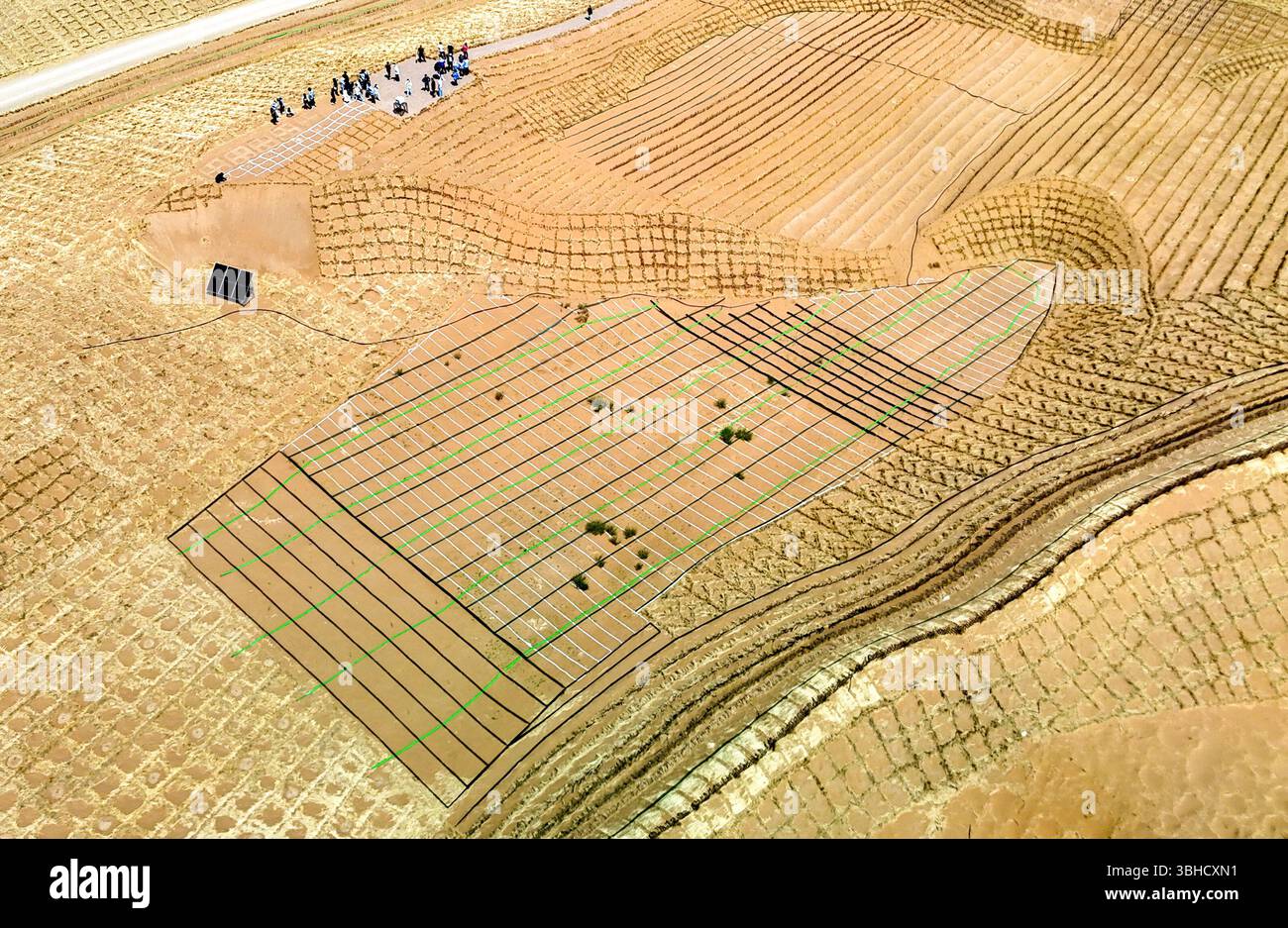 WUWEI, CHINA - JUNE 8, 2025 - Aerial view of the Qingtu Lake sandstorm ...
