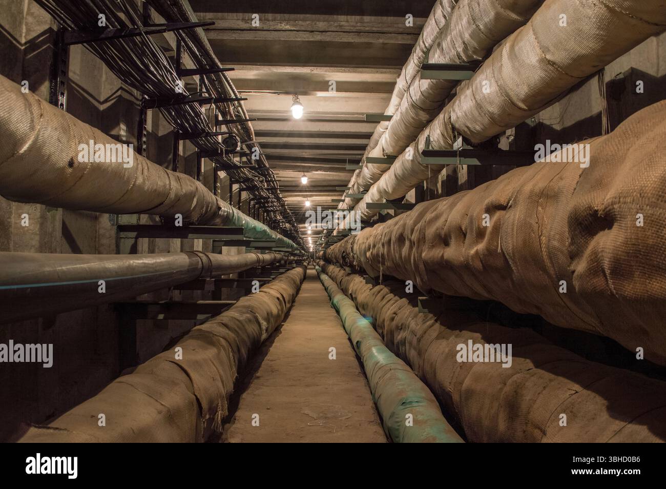 Underground concrete utility tunnel with pipes and wires lit by ...