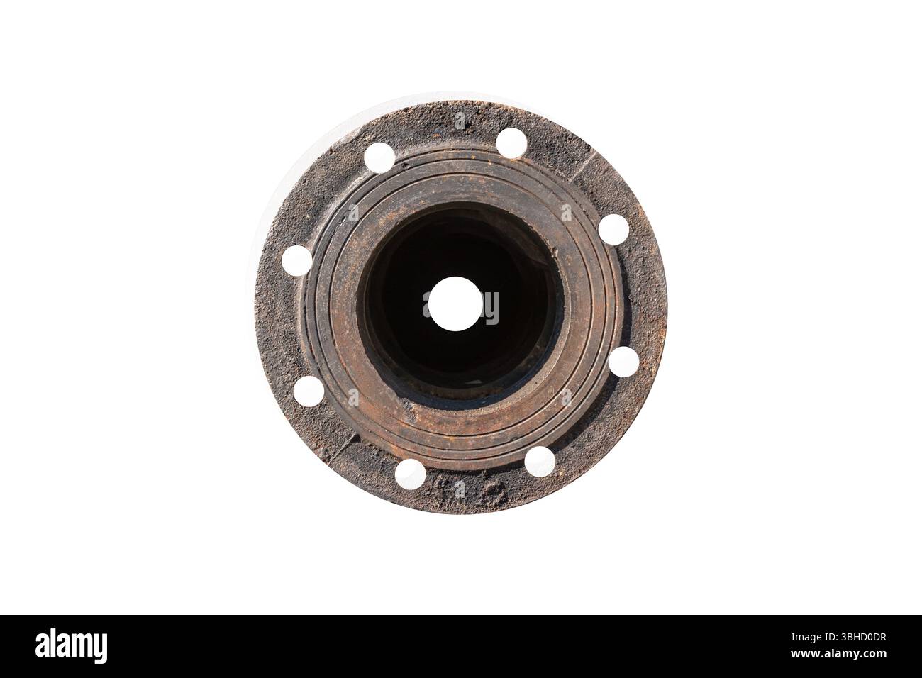 Iron rusted pipe with bolt holes on frame around the pipe. isolated on ...