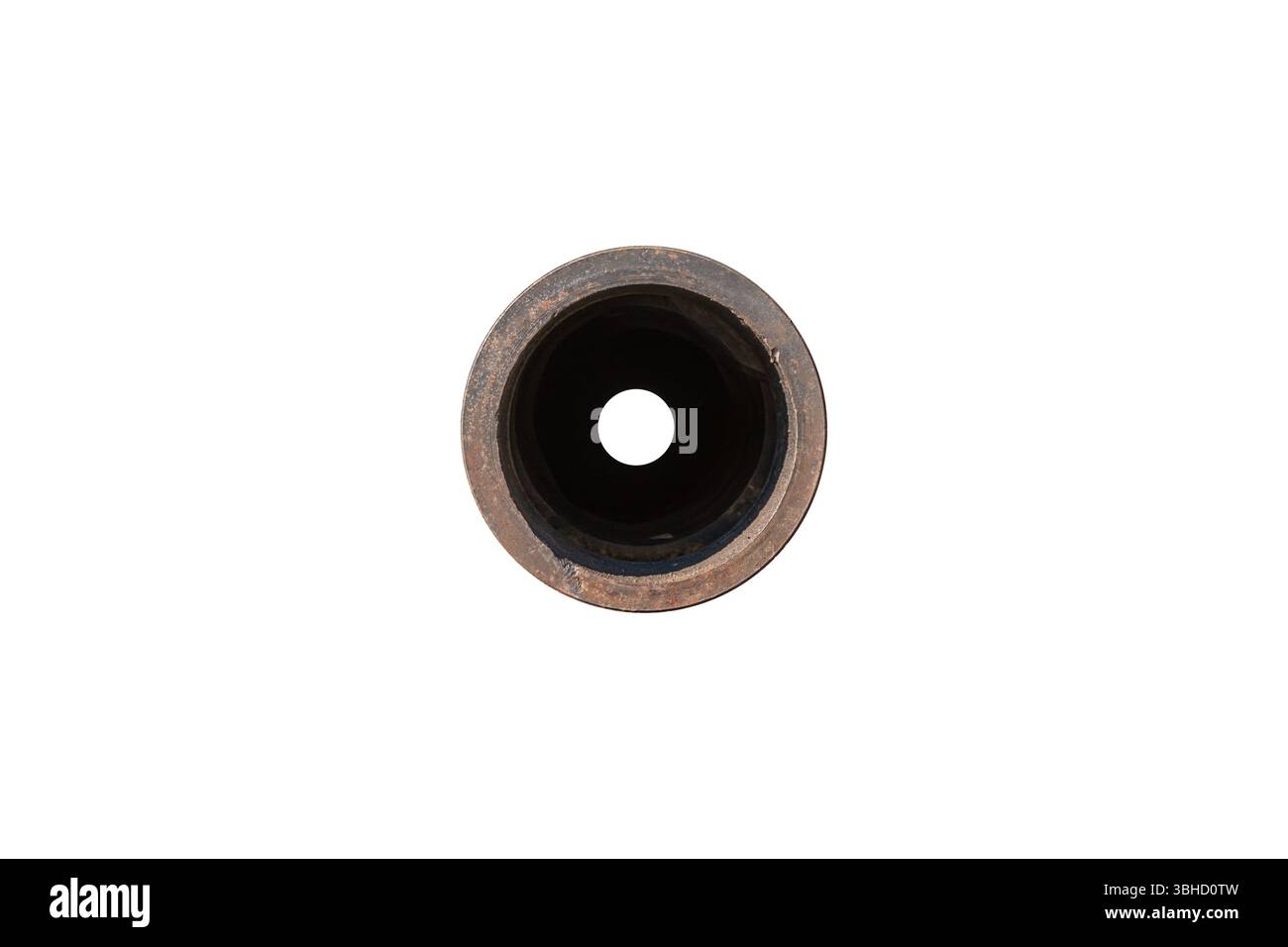 Iron rusted pipe isolated on white background. Side view, cross-section ...