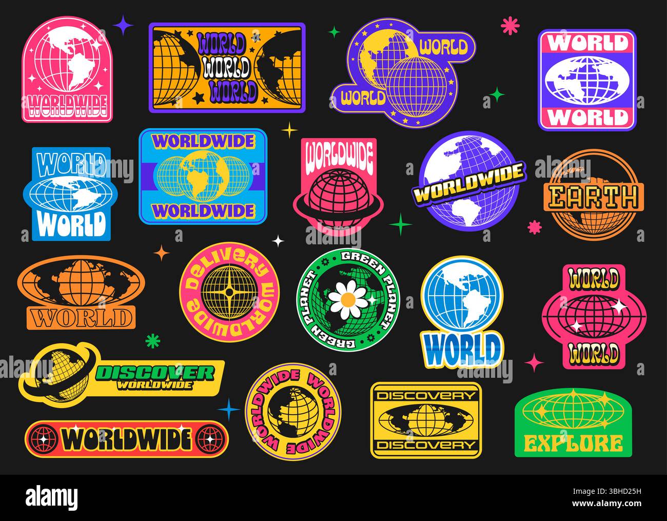 Earth globe y2k groovy stickers, sphere patch labels. Worldwide set ...