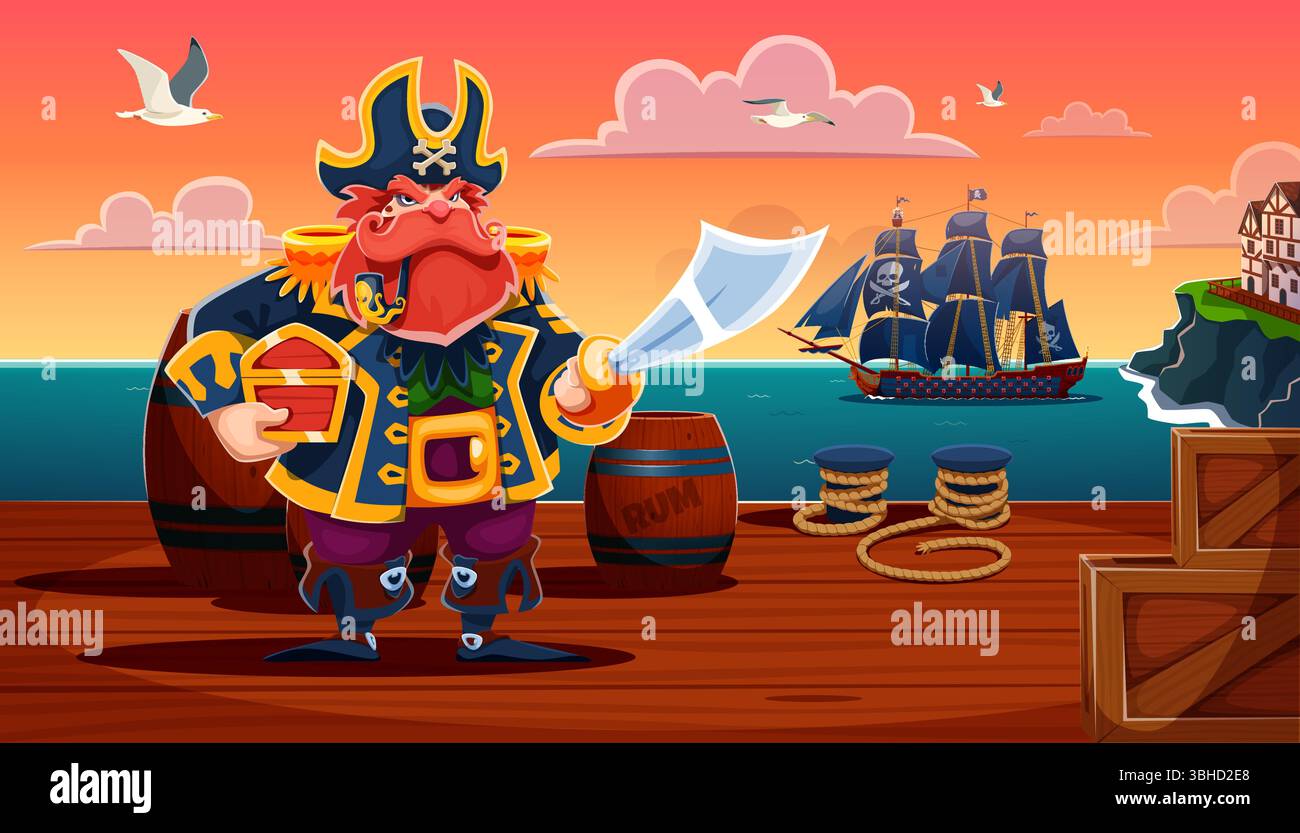 Pirate captain character on the old pier in the port holding sword and ...