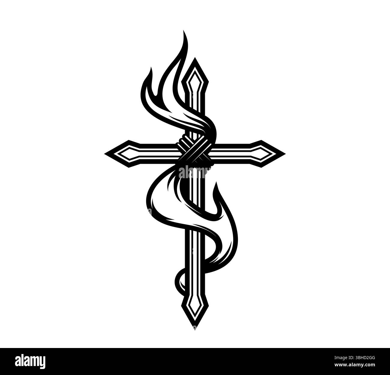 Christianity cross tattoo with fire flame. Vector black and white ...