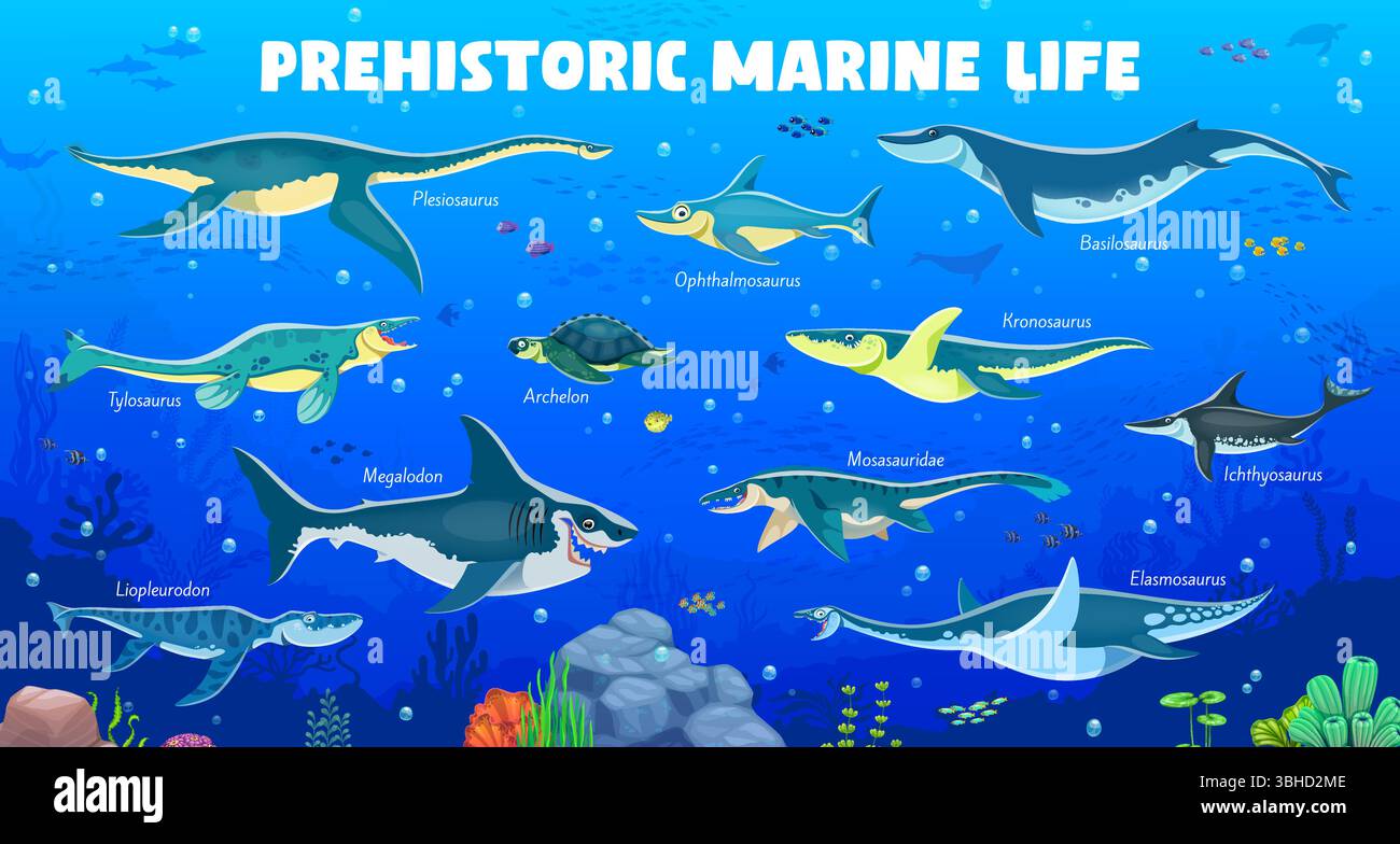 Prehistoric underwater dinosaurs characters infographics with aquatic reptile species, vector ...