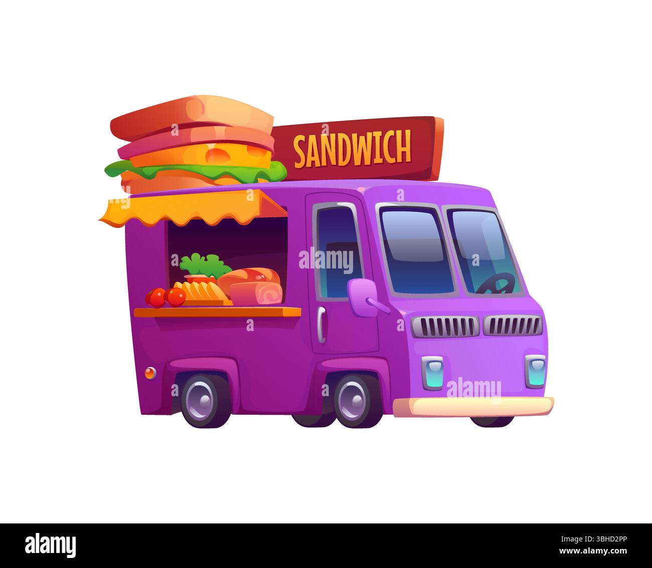 Cartoon street food truck with sandwiches, vintage festival foodtruck ...