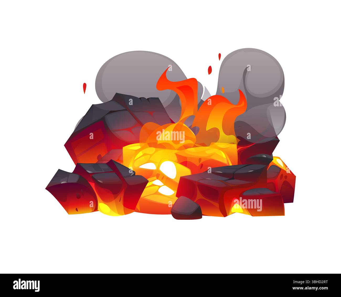 Cartoon fireplace charcoal, fire flames on burn ember coal pieces and ...