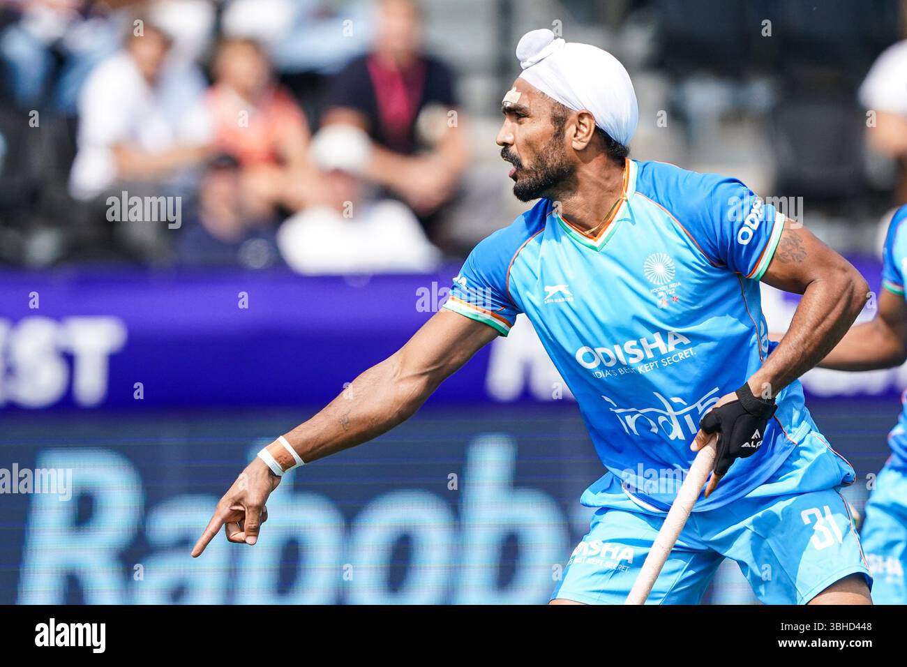 AMSTERDAM, NETHERLANDS - JUNE 9: Jugraj Singh of India gestures during the FIH Hockey Pro League ...