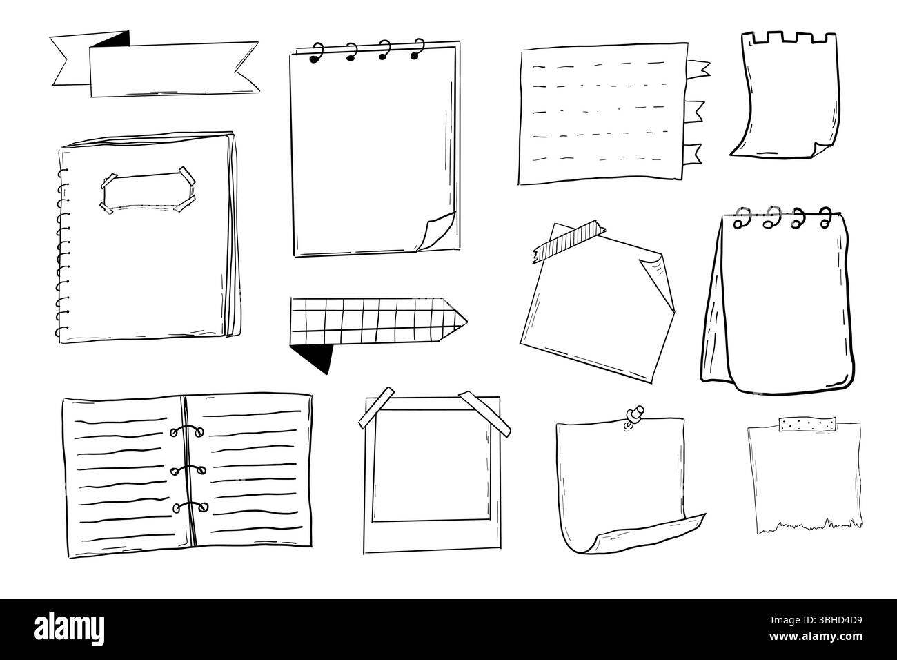 Memo page bullet jourlal note sketch, hand drawn doodle stickers office ...