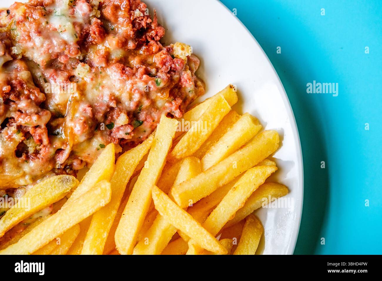 London UK, June 09 2025, Classic Meal Of Corned Beef Hash and Chips ...