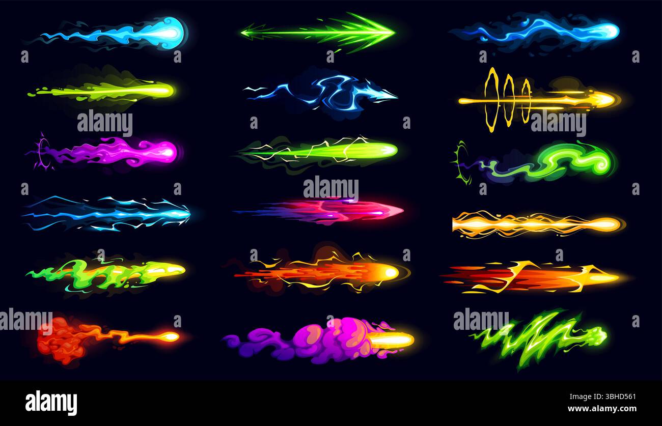 Game gun effect, vector set of cartoon glowing magic bullet trails in ...