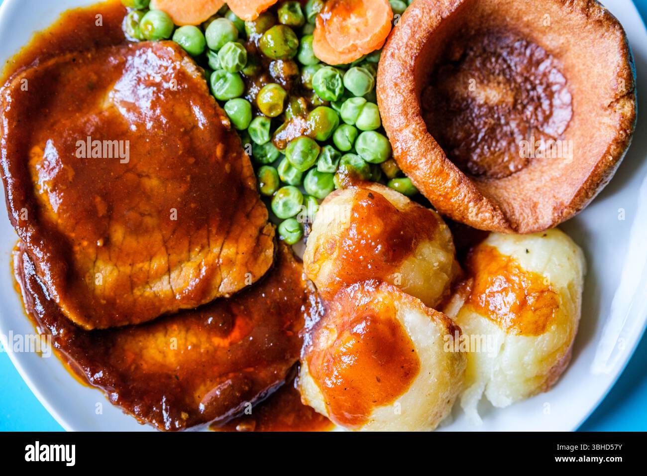 London UK, June 09 2025, Roast Beef Vegetables and Yorkshire Pudding ...