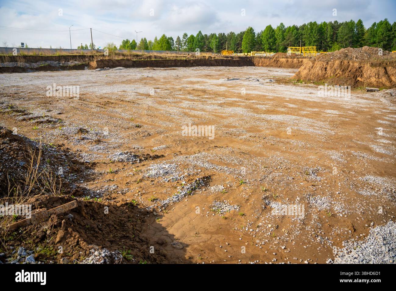 Cleared construction site prepared for building foundation. Excavation ...
